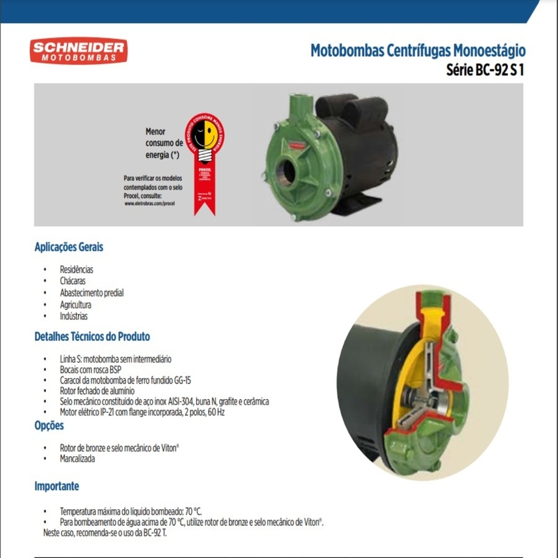 Motobomba Centrífuga BC-92 T 1B Monoestágio Motor Monofásico com Capacitor 2cv (127mm ...