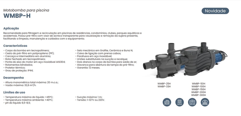 Motobomba de Piscina WMBP-200H Motor 1,5KW-2.0cv Monofásico - Bomba Para Piscina Claw WMBP-200H ...